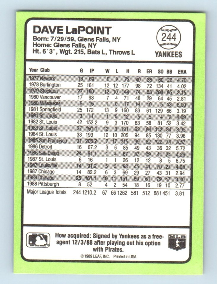 1989 Donruss Baseball's Best Dave LaPoint New York Yankees #244 | eBay