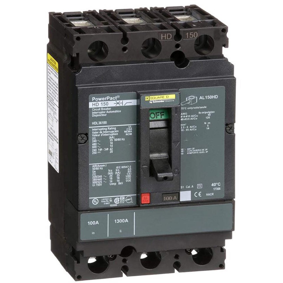 HDL36100 - Square D 100 Amp 600V 3 Pole Molded Case Circuit Breaker H ...
