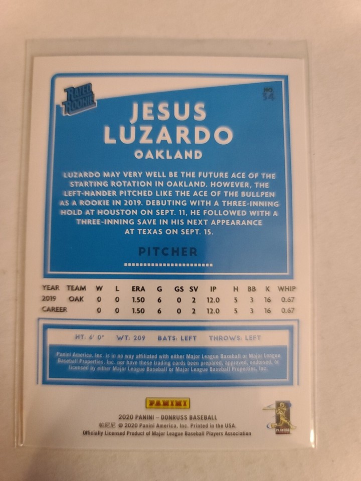 Jesus Luzardo 2020 Panini Donruss RC Rated Rookie #34 Oakland Athletics ...