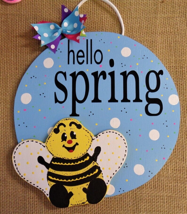 HELLO SPRING Bumble Bee Sign Wood Plaque Hand Crafted Door Blue Circle ...