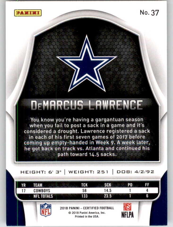 2018 Certified DeMarcus Lawrence NFL PWE Base Card Cowboys #37 | eBay
