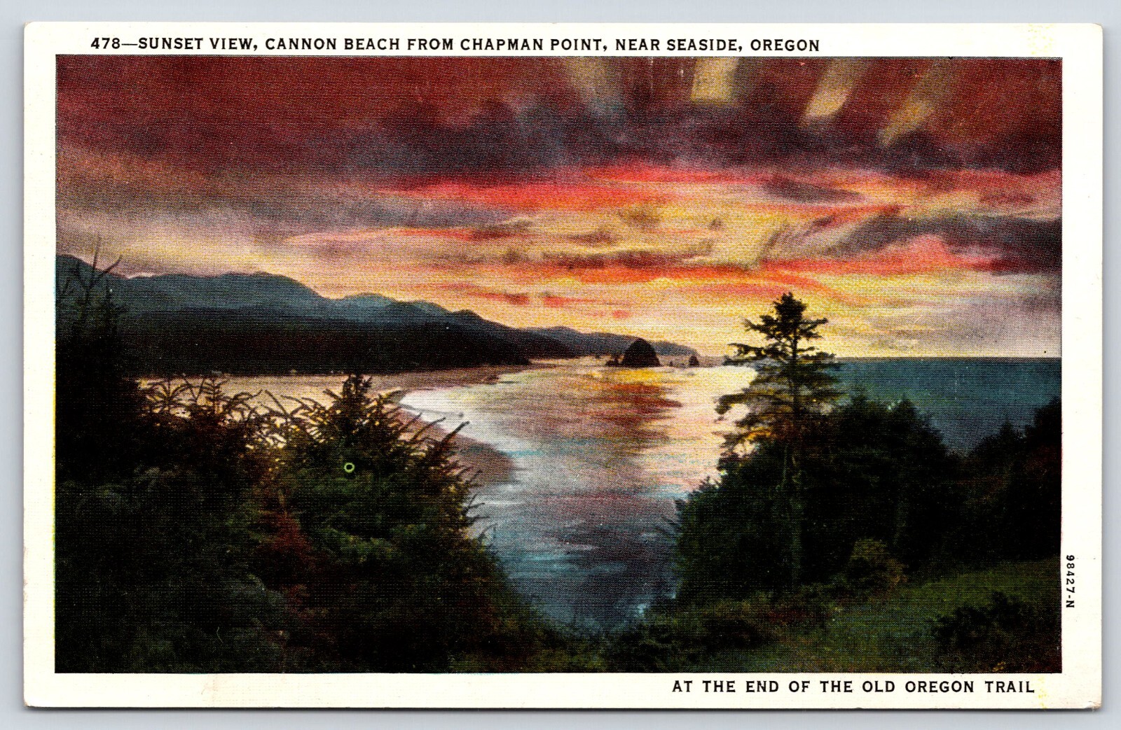 Oregon Seaside Chapman Point Sunset View Cannon Beach Vintage Postcard ...