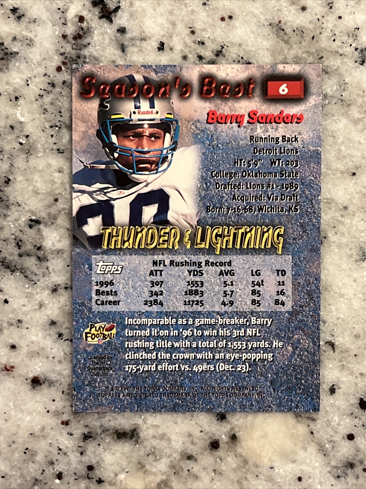 Barry Sanders Topps 1997 Thunder & Lightning Football Card #6 Detroit ...