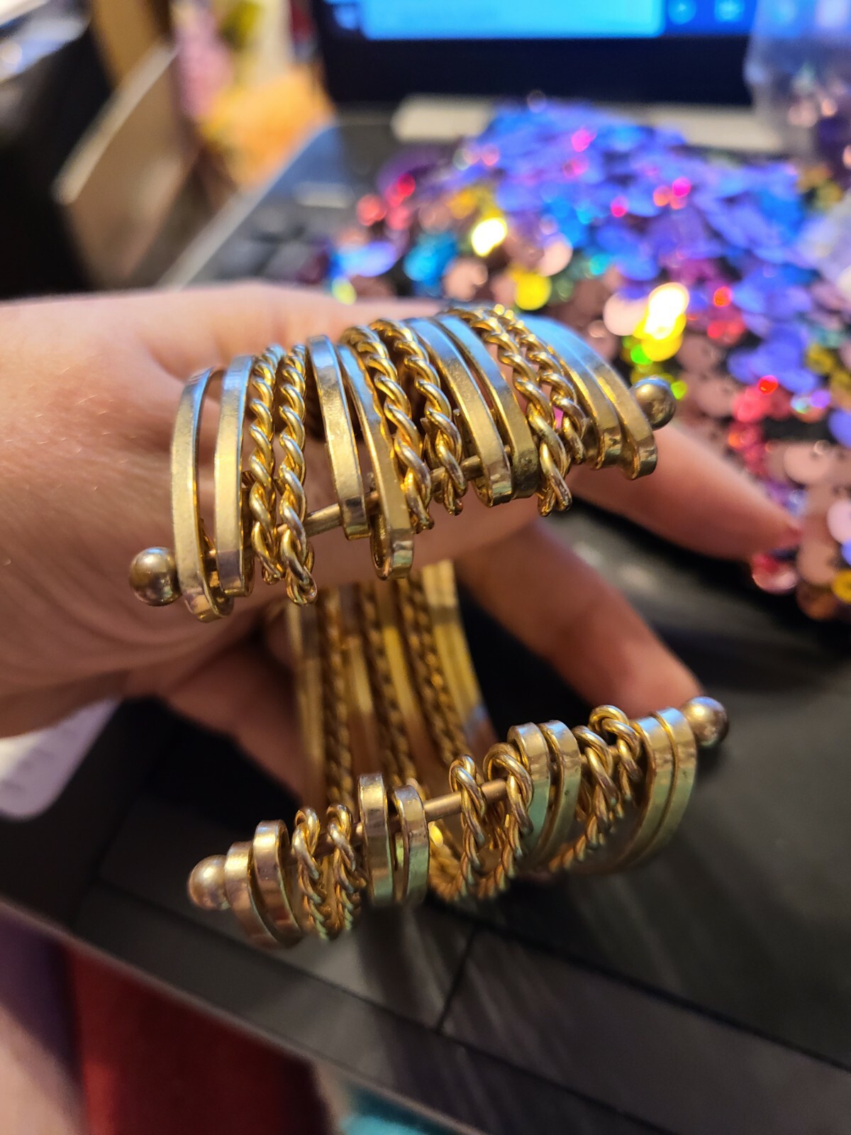 Nice Gold Tone Multi Bracelet Cuff Style Joined Smooth and Rope #2782 ...