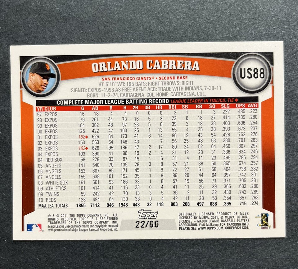 2011 Topps Update Hope Diamond Anniversary #US88 Orlando Cabrera #’d ...