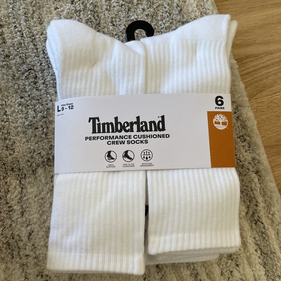 Timberland Socks 6 Pair Men’s Black or White Performance Cushioned Crew ...