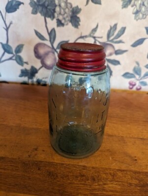 ANTIQUE MASON PATENT NOV 30TH 1858 BLUE MIDGET PINT JAR WITH ORIGINAL ...