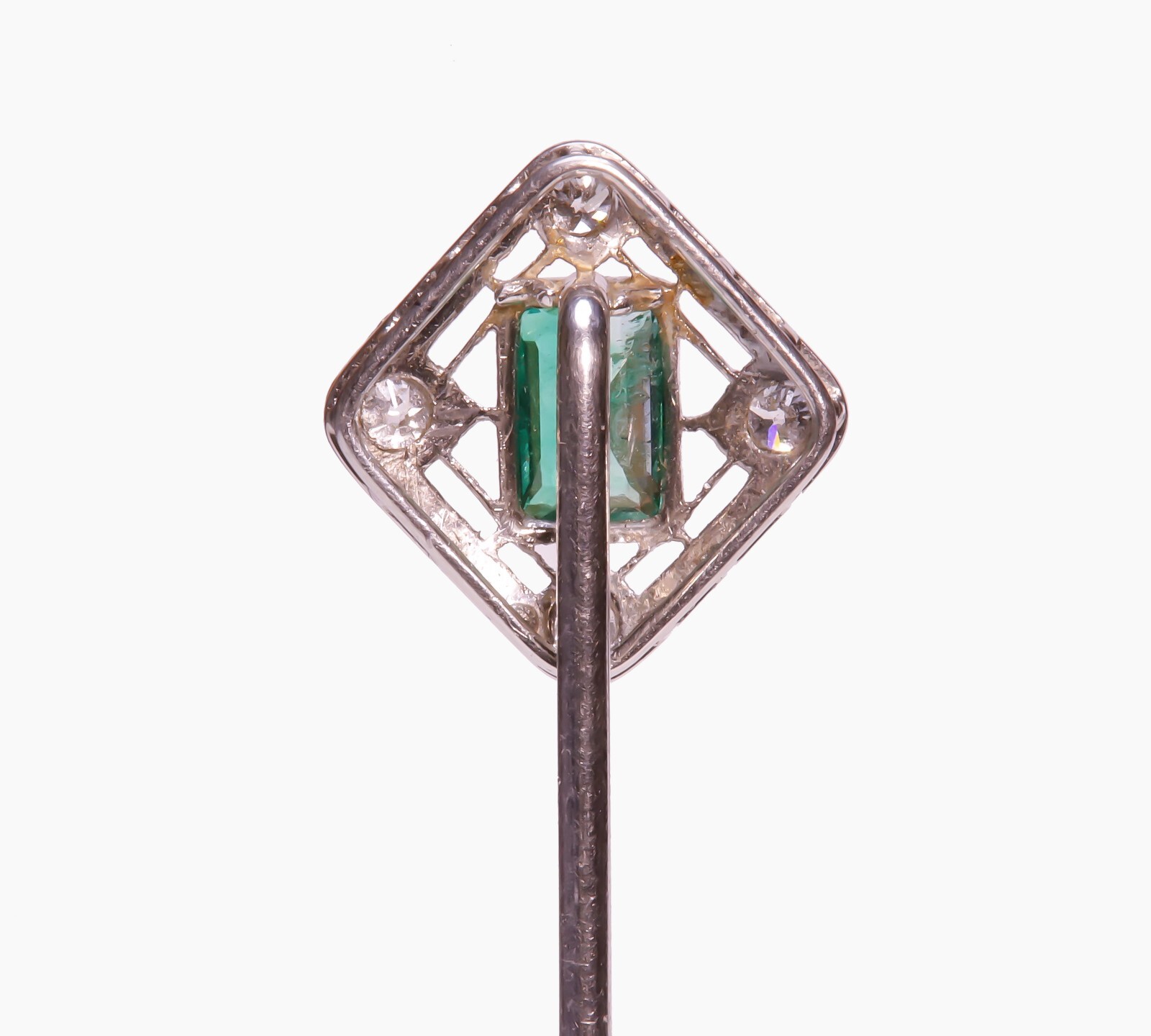 Art Deco Platinum Emerald Diamond Enamel Stick Pin - Gem