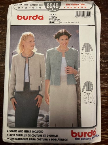 Burda 8949 UNCUT Sewing Pattern, Misses' Jacket, Size 8-10-12-14-16-18 ...