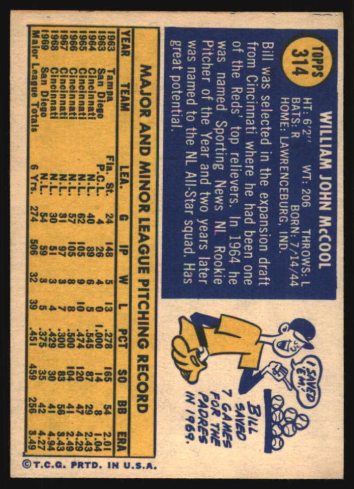 1970 Topps #314 Bill McCool EXMT/EXMT+ Padres 602318 | eBay
