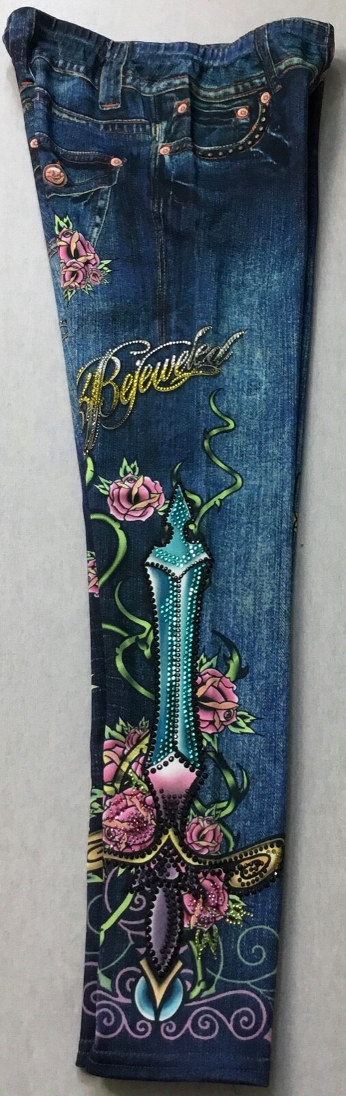 Bejeweled Leggings Susan Fixel Floral Faux Denim Jeans R059 22”W Youth ...