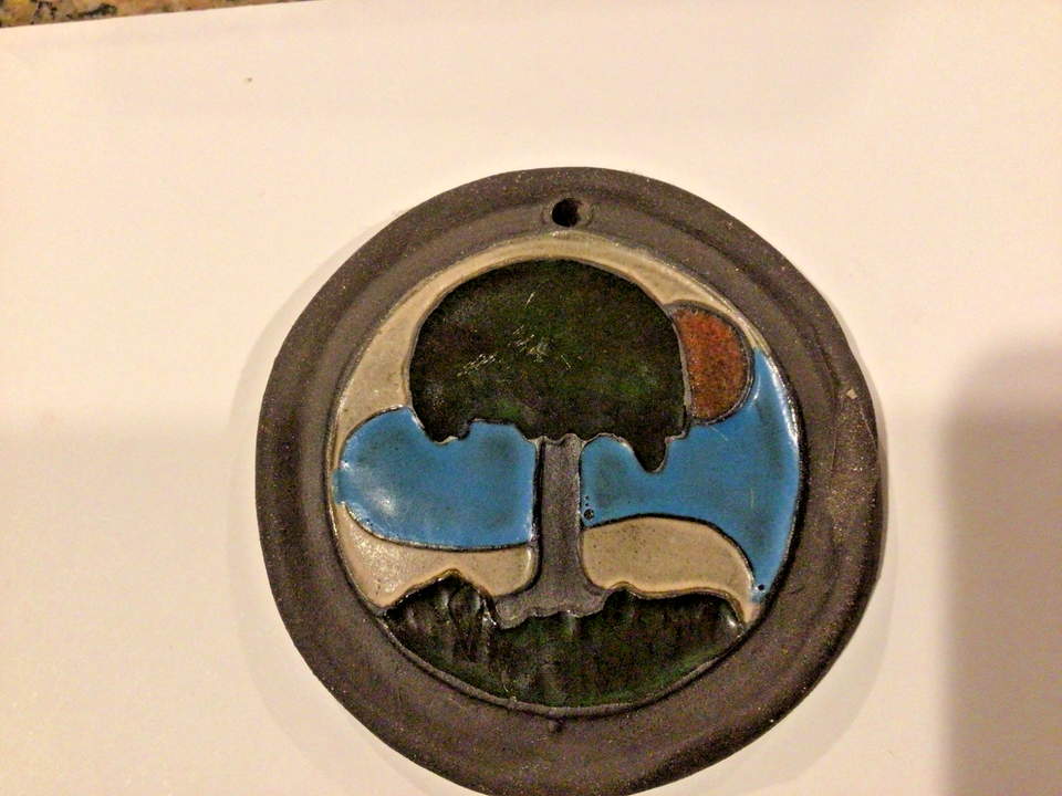 Vtg Handmade Ceramic Wall Art Tile 3” round Stylized Tree &Sun Artist ...