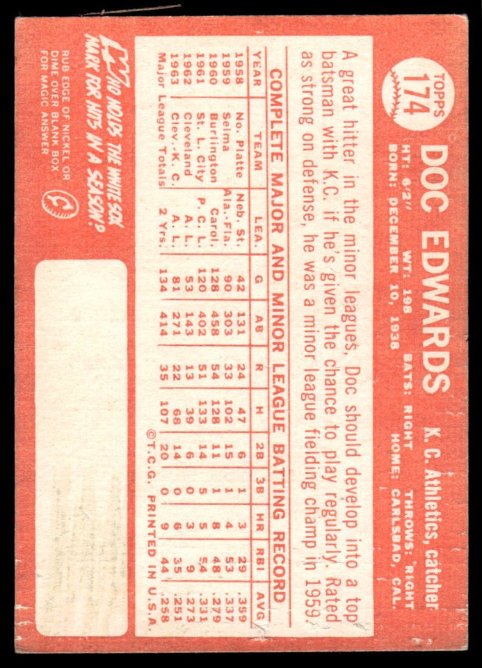 1964 Topps Doc Edwards #174 Kansas City Athletics Baseball Card | eBay