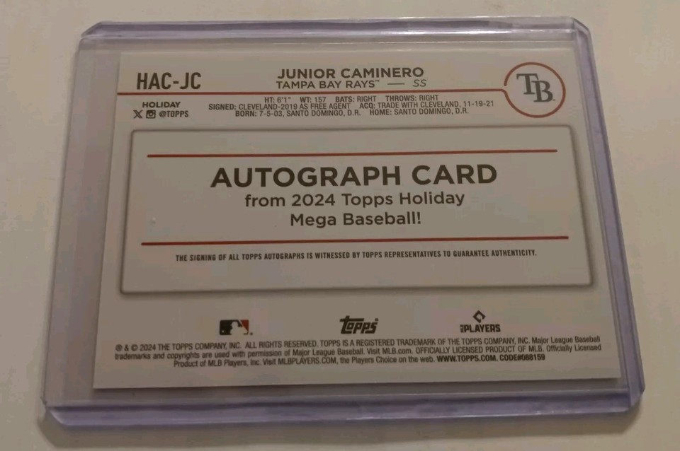 2024 Topps Holiday Mega Box Junior Caminero Autographed Rookie Card # ...