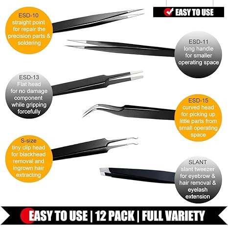 Computer Repair or Paper Craft Anti-Static Precision Tweezer Set w ...