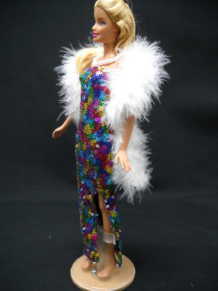 Multi Color Sequin Sheath Dress Fits Barbie Doll Handmade with Boa ...