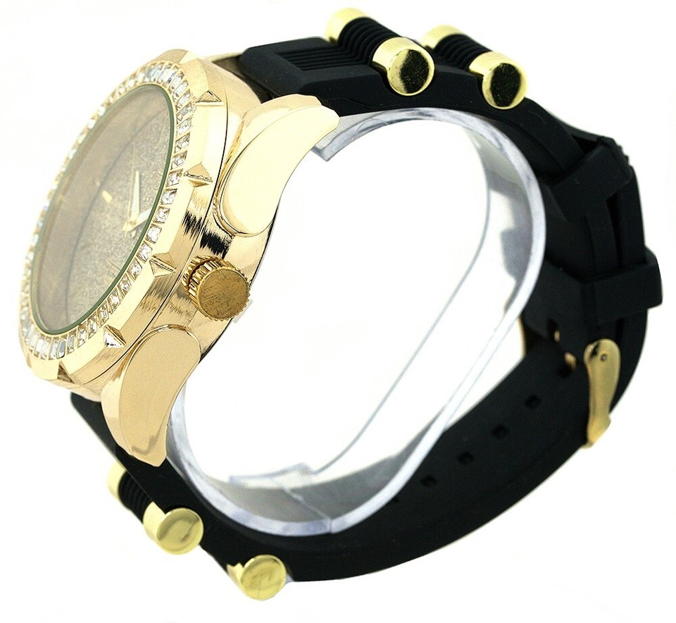 Mens Big Gold tone CZ Clubbing Success Watch Dial Black 9.5" Bullet ...