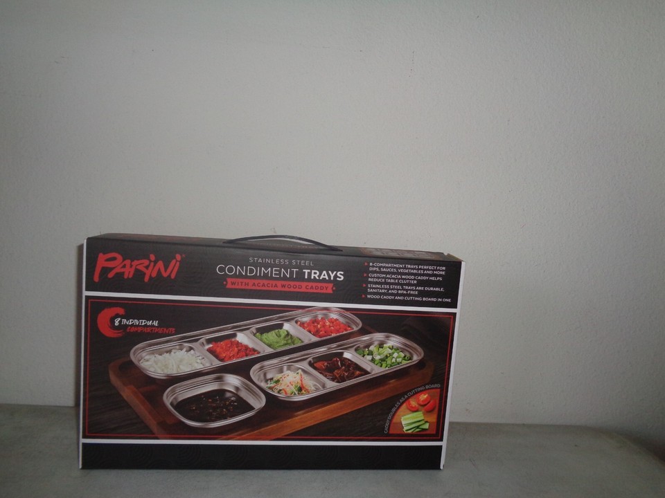 NIB, PARINI Stainless Steel Condiment Trays with Acacia Wood Caddy | eBay
