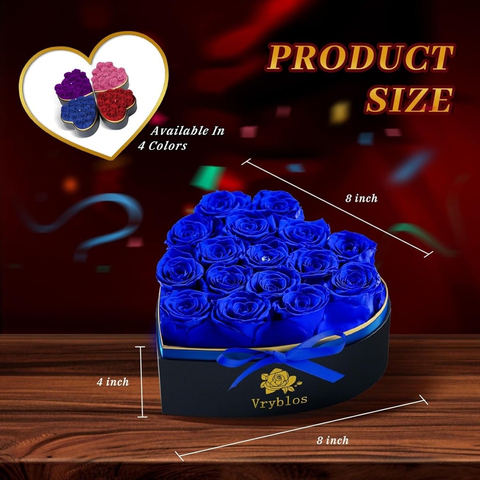 Forever Blue Roses in a Box Heart Shaped 16 Preserved Flowers for ...