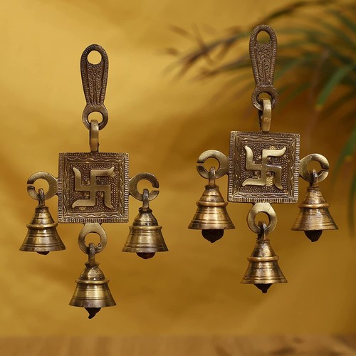 Swastik Design Bell Pair 6 inches and 400g Antique Brass Hanging Bells ...