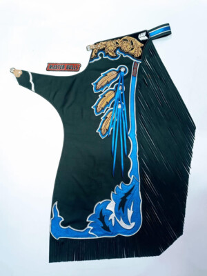 Adult Bull Riding Chaps Black & Blue w FeathersBull Riding Rodeo Chaps ...