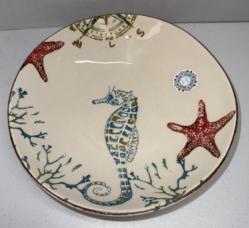 PAPART Ceramics Hand painted Seahorse/Starfish 9.25" Pasta /Salad Bowl ...