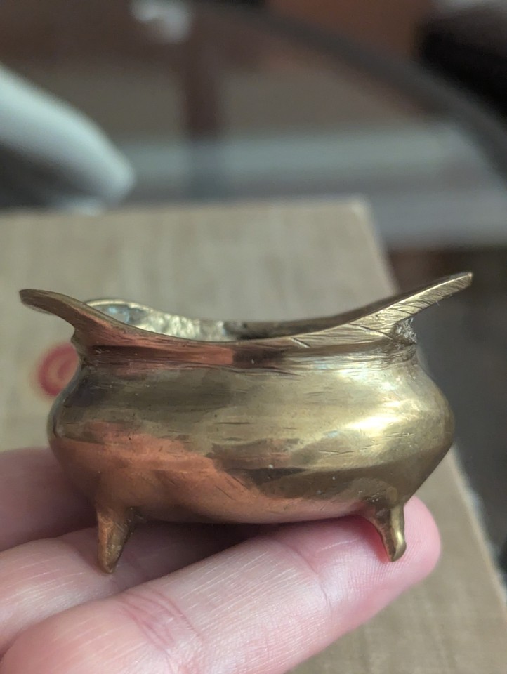 CHINESE Tripod Censer Bowl Brass Mini CAULDRON Loop Handle Stamped ...