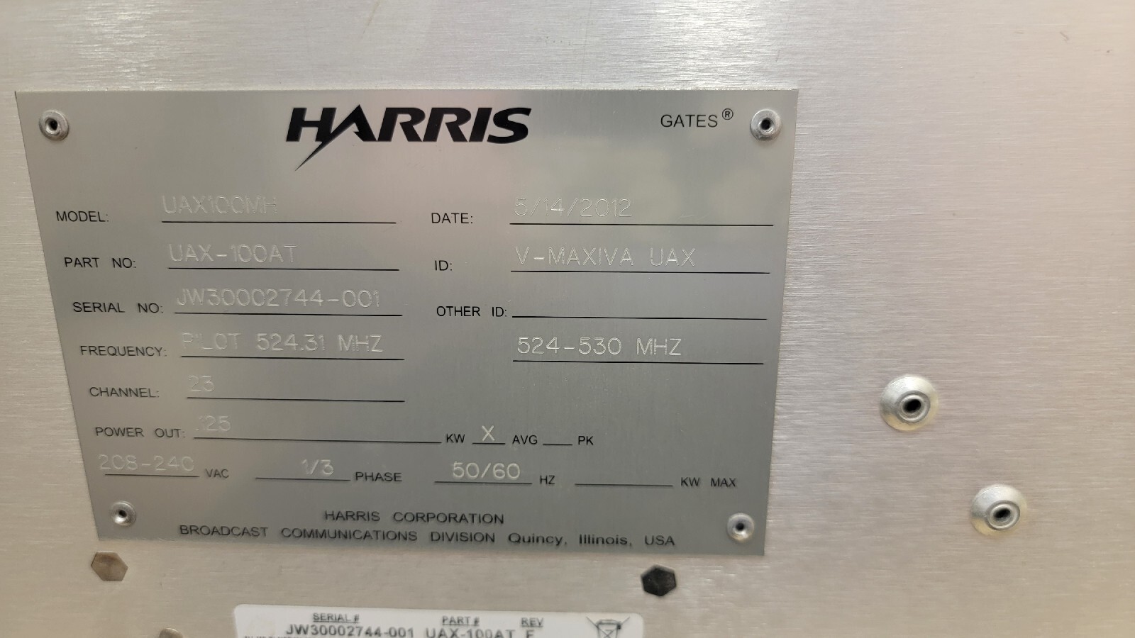 Harris Corporation UHF Air Cooled Transmitter UAX100MH | eBay