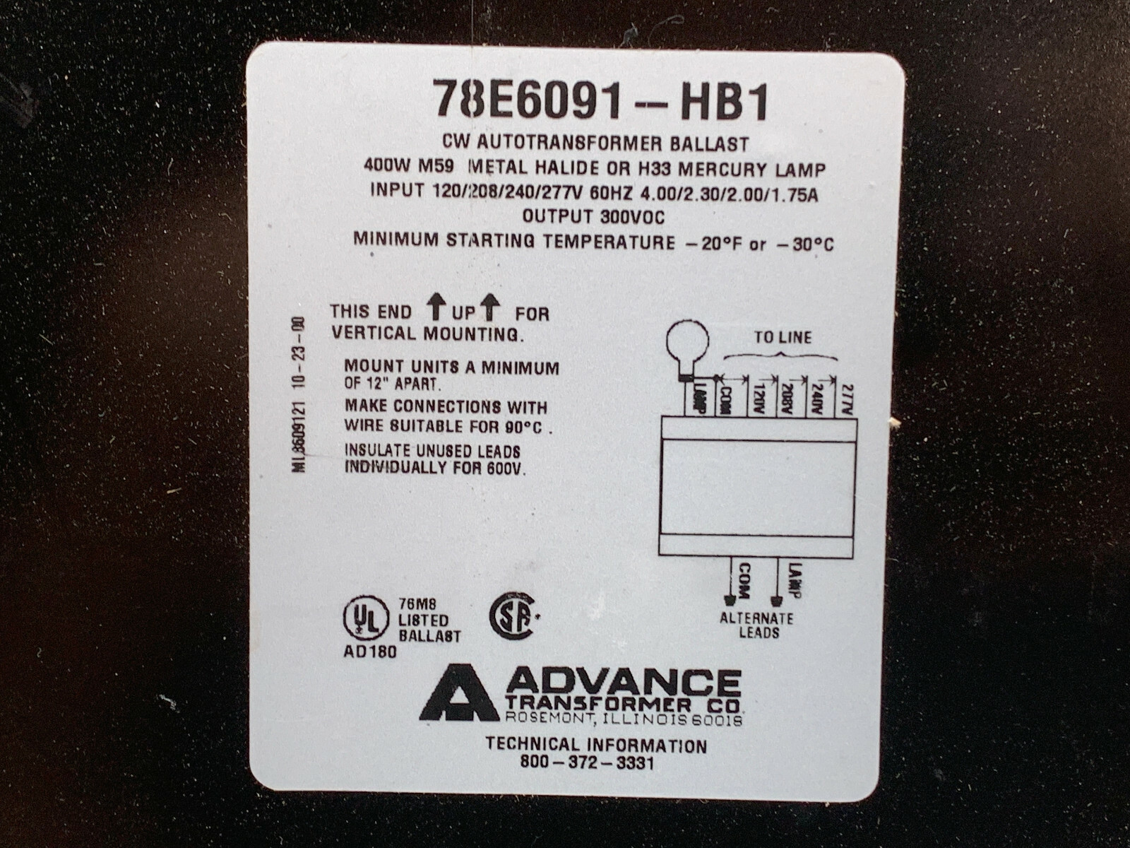 Advance 78E6091-HB1 400-Watt Metal Halide Ballast For 400W M59 Lamp 120 ...