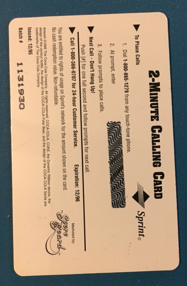 Coca-Cola Sprint Phone Card $2 Issued: 12/95 NEW 1995 SPRINT PHONE-Rare ...