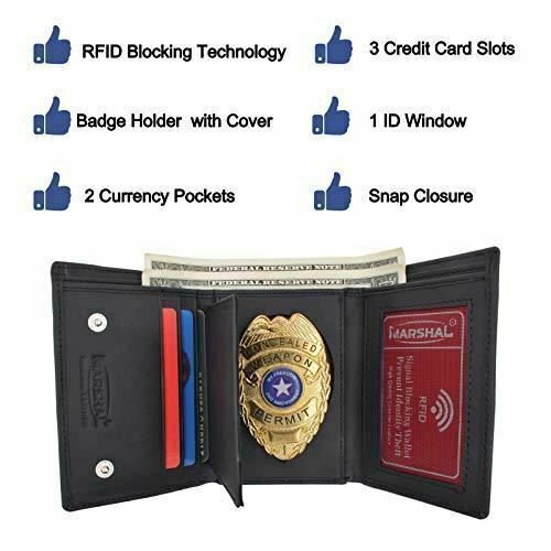 Genuine Leather RFID Blocking Police Badge Holder Trifold Wallet Black ...