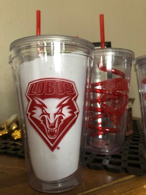 16 Oz NM Lobos Team Swirly Straw Tumbler Cup and screw Down Lid Acrylic ...