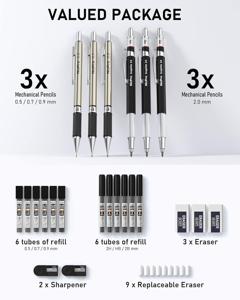 Nicpro 6PCS Art Mechanical Pencil Set, 3PCS Metal Drafting Pencil 0.5 ...