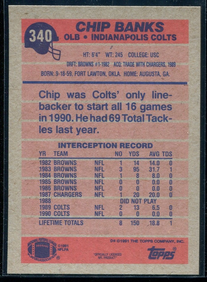 1991 Topps Football Chip Banks #340 Indianapolis Colts | eBay