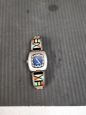 HE CELLICION ZUNI MULTI STONE INLAY STERLING SILVER W/ Vintage Gruen ...