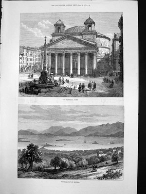 Original Old Antique Print Pantheon Rome Vourla Gulf Smyrna 1878 19th ...