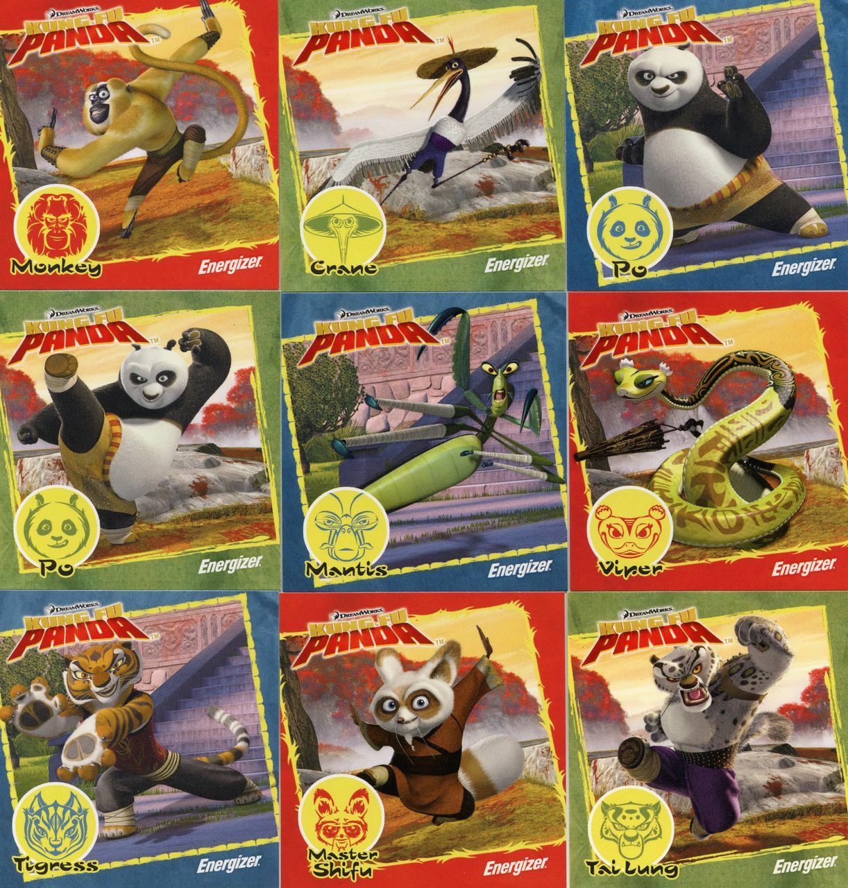 INKWORKS KUNG-FU PANDA (9) CARD SET FROM ENERGIZER 2008 2x2" INCHES ...