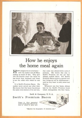 1918 Ads Swifts Bacon w/ WW1 Doughboy Home From War Puffed Rice Cereal ...
