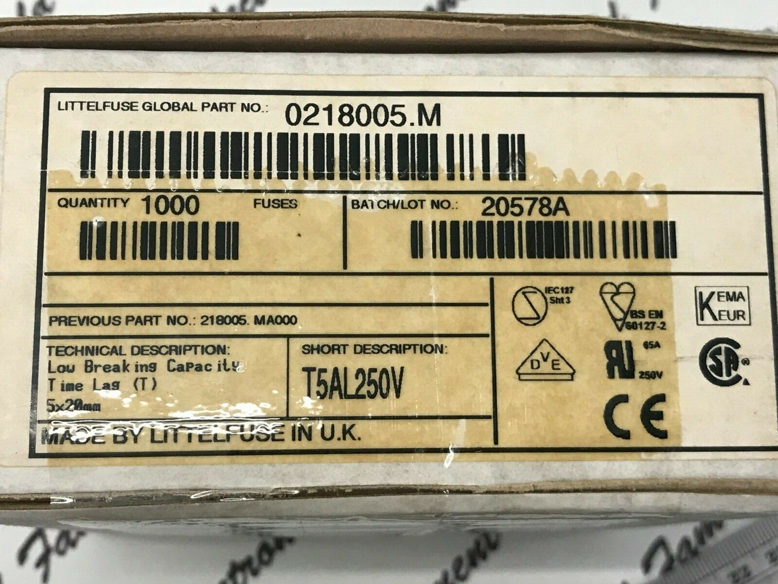 5pcs - Littelfuse (LF) T 5A 250V 5x20mm Slow Blow Glass Fuse - 218 ...