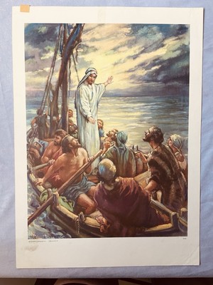 1960s Sunday School Picture Poster JESUS STOPS A STORM 12x17 BOAT ...