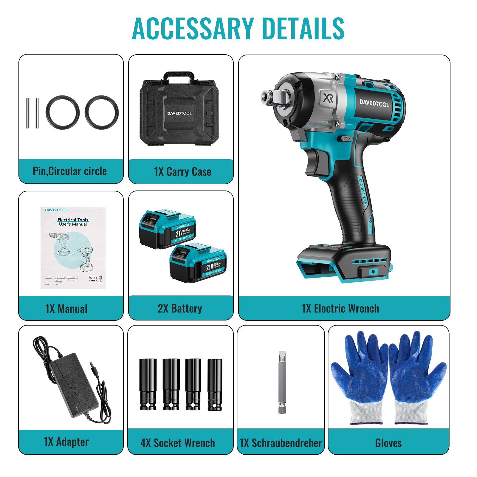21V 6.0Ah 2*Batteries Impact Wrench Brushless 420Nm Cordless Rattle Gun ...