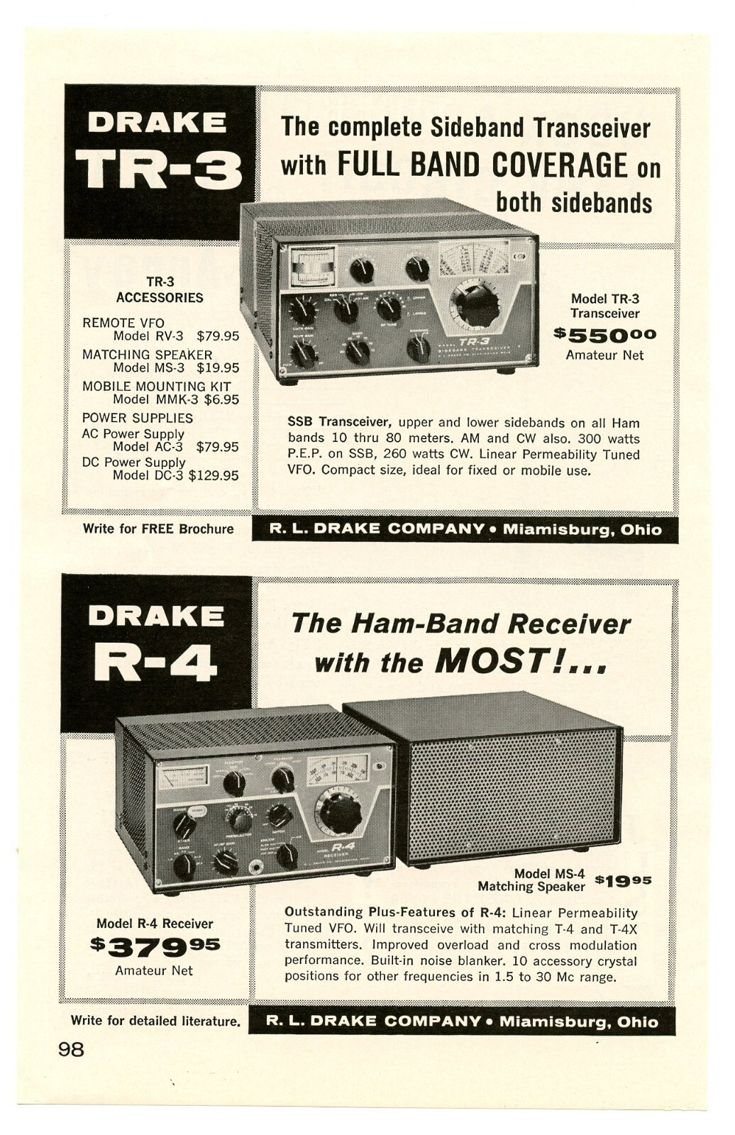 QST Ham Radio Magazine Ad DRAKE TR-3 Transceiver & DRAKE R-4 Receiver ...