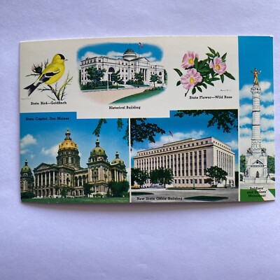 Iowa State Postcard Multiview Bird Goldfinch Flower Wild Rose Capitol ...