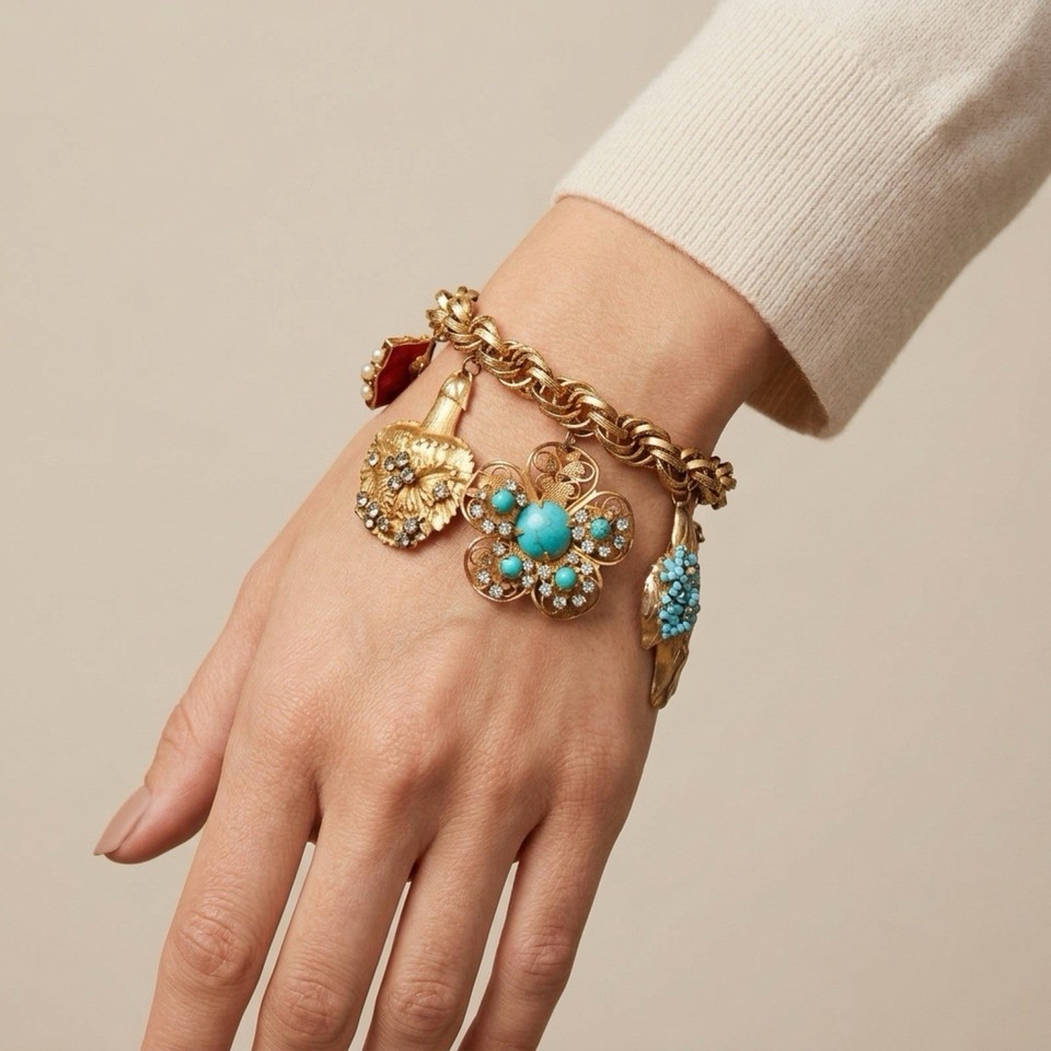 Signed Miriam Haskell Charm Bracelet Turquoise Vintage Gold Tone Blue ...