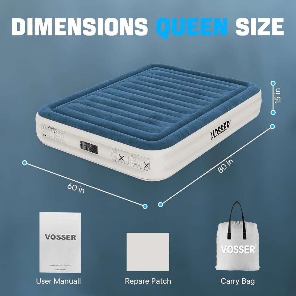 VOSSER Queen 15" Air Mattress with Built-in Pump Fast & Easy Inflation ...