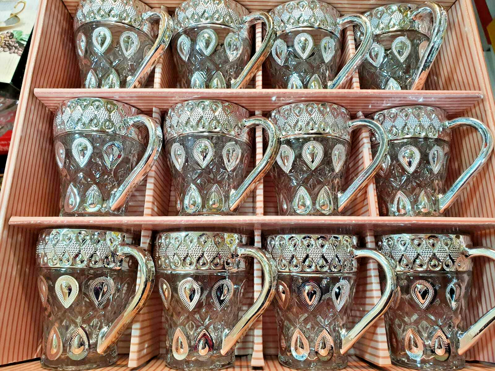 Turkish Arabic Tea Coffee Designer Glass Set of 12 Glass Cups Silver ...