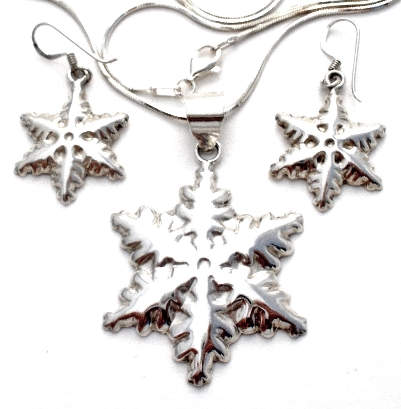 Sterling Silver Snowflake Set Necklace & Earrings Dangle Pierced ...