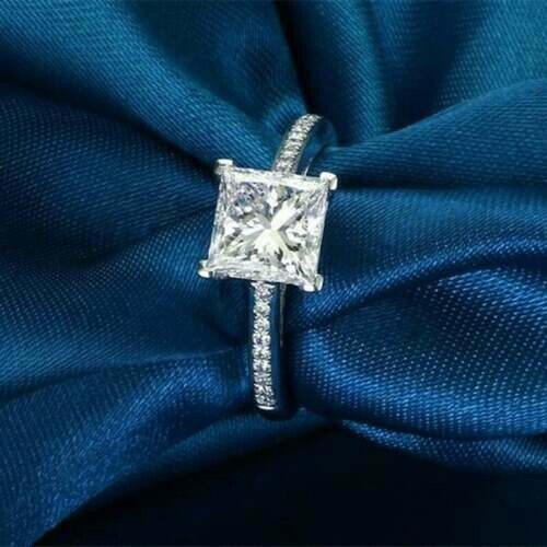 1 Ct Princess Cut "Genuine Moissanite" Engagement Ring 14K White Gold ...