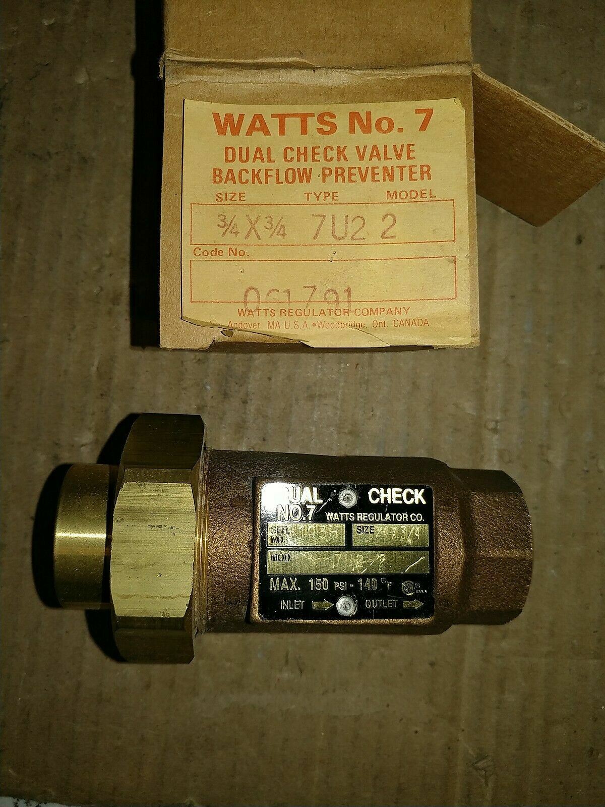 NIB WATTS Bronze Dual Check Valves. Series 7 .. 3/4 X 3/4 7U2 BACKFLOW ...