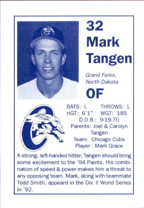 1994 Chillicothe Paints Team Issue #19 Mark Tangen Grand Forks North ...